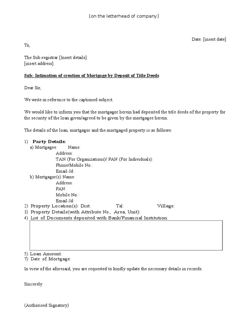 Notice of Intimation of Mortgage | PDF | Finance & Money Management | Law