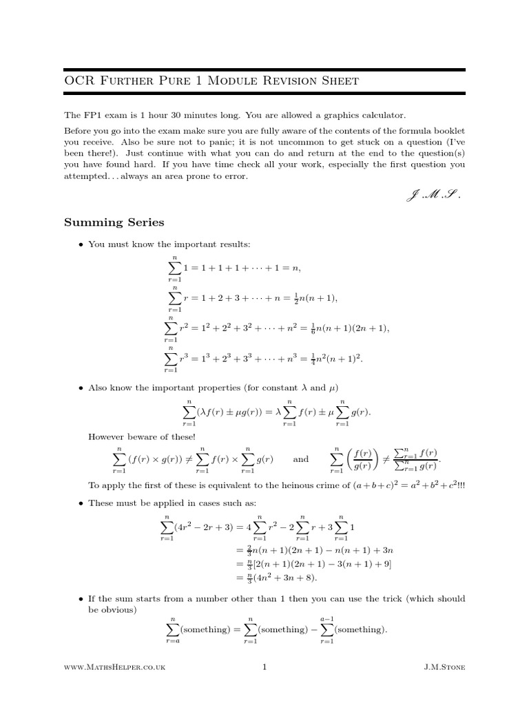 OCR FP1 Revision Sheet | PDF | Factorization | Complex Number