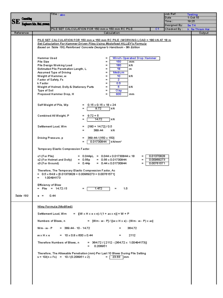 Set Calculation For Hammer Driven Piles Using Modofoed HILLEY's Formula ...