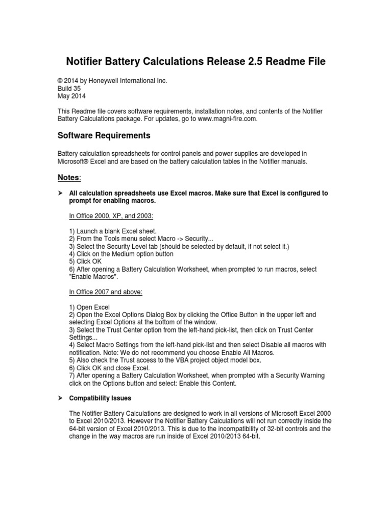 Notifier Battery Calculations-Readme | PDF | Microsoft Excel | Battery ...