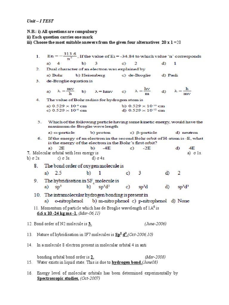 Unit I Test Chemistry | PDF | Teaching Methods & Materials | Science ...