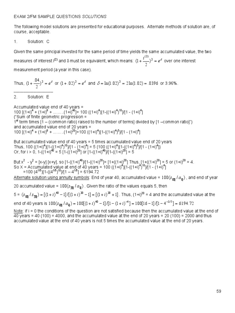 Exam FM Sample Solutions | PDF | Bond Duration | Bonds (Finance)