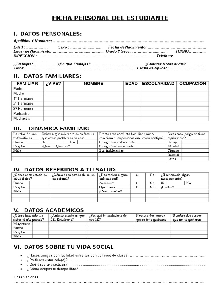 Ficha Personal del Estudiante | PDF