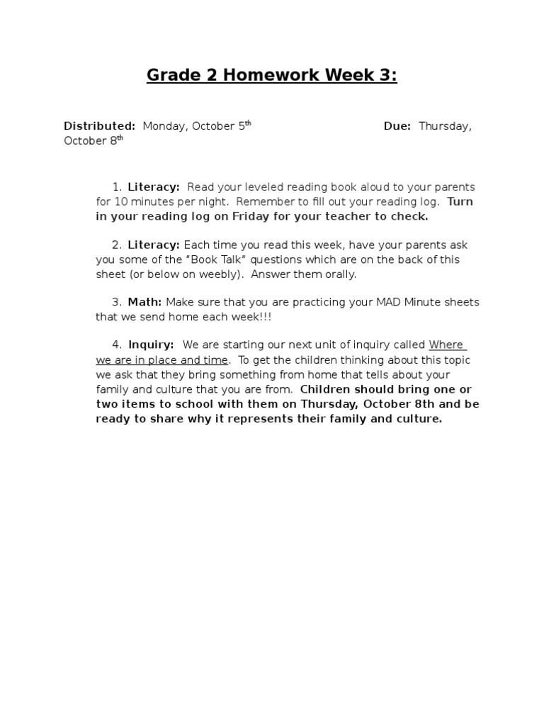 Grade 2 Homeworkweek 3 | PDF