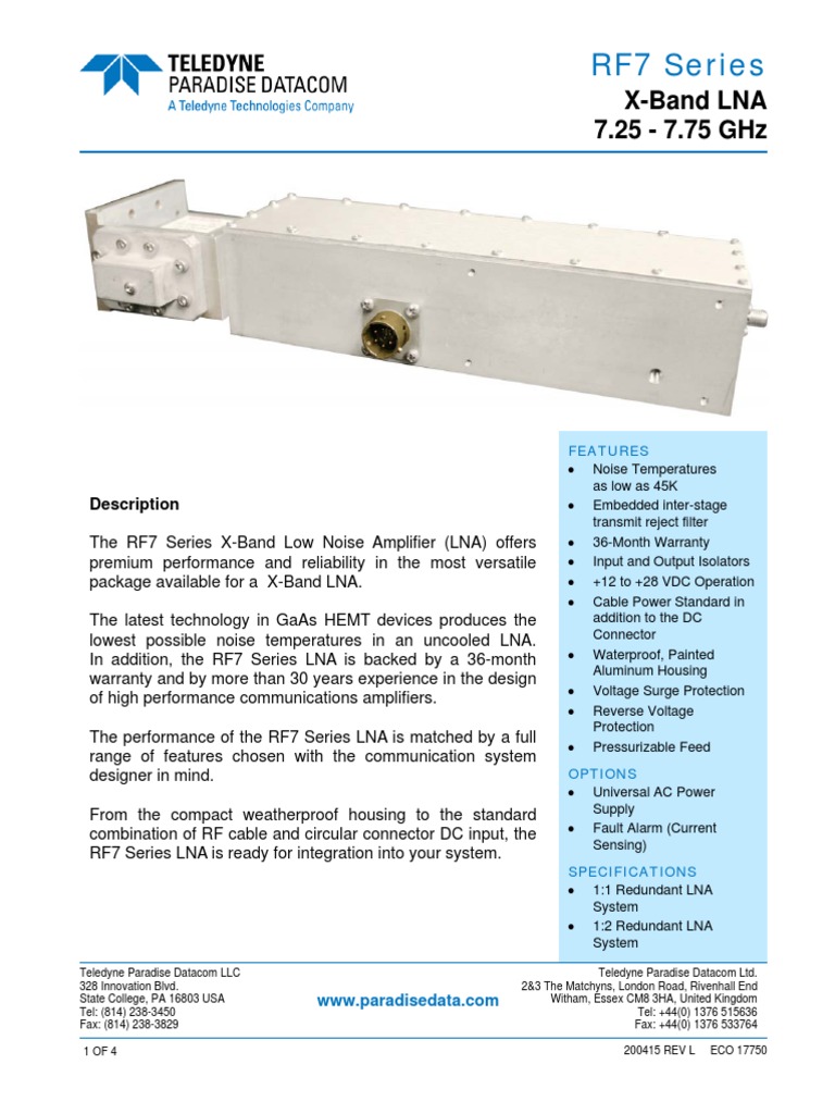 Paradise Datacom RF7 Series X-Band LNA Data Sheet 200415 RevL | PDF ...