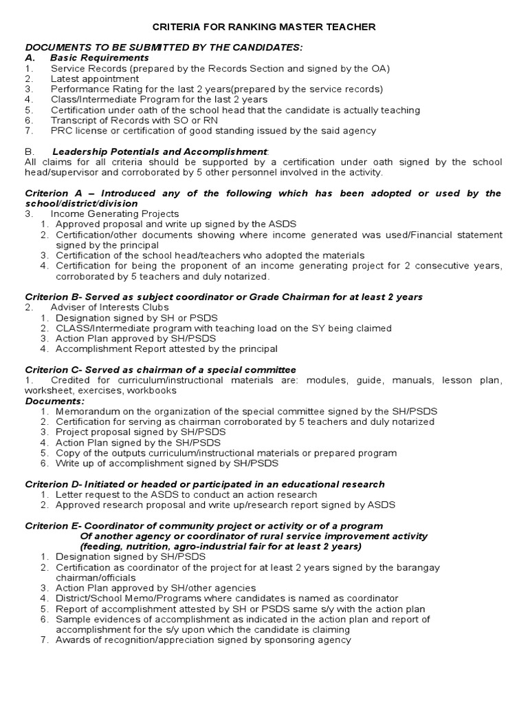Master Teacher 1 Ranking Criteria 2025 | PDF | Teachers | Behavior ...