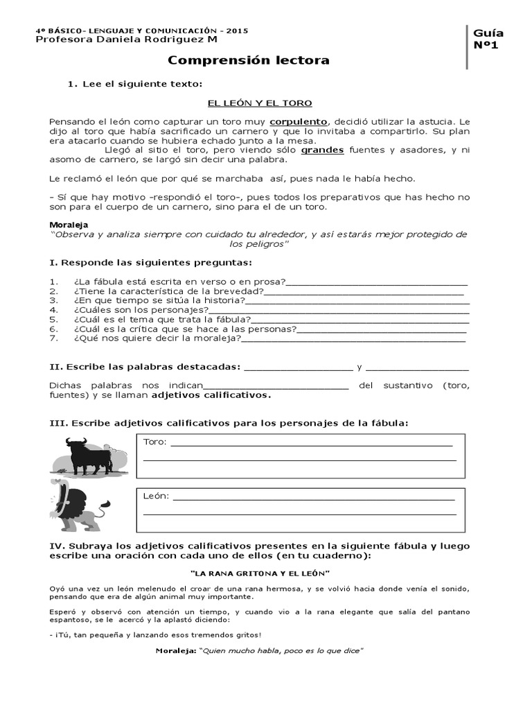 Comprension Lectora El Leon y El Toro | PDF | Artes del Lenguaje y ...