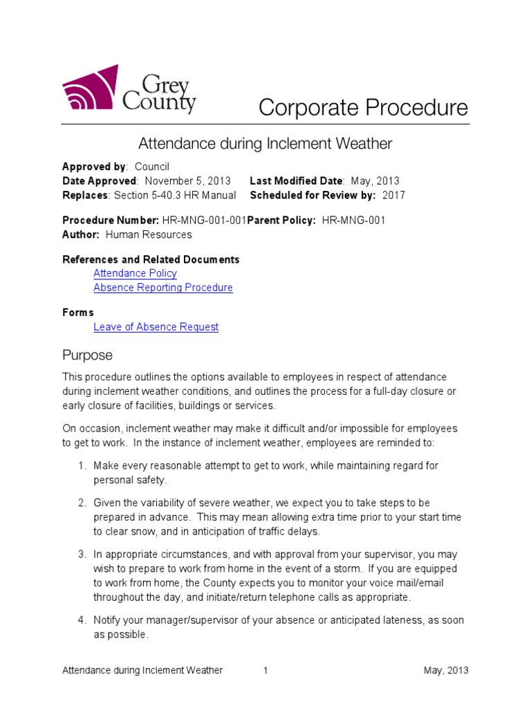 Grey County Inclement Weather Corporate Procedure | PDF | Working Time ...