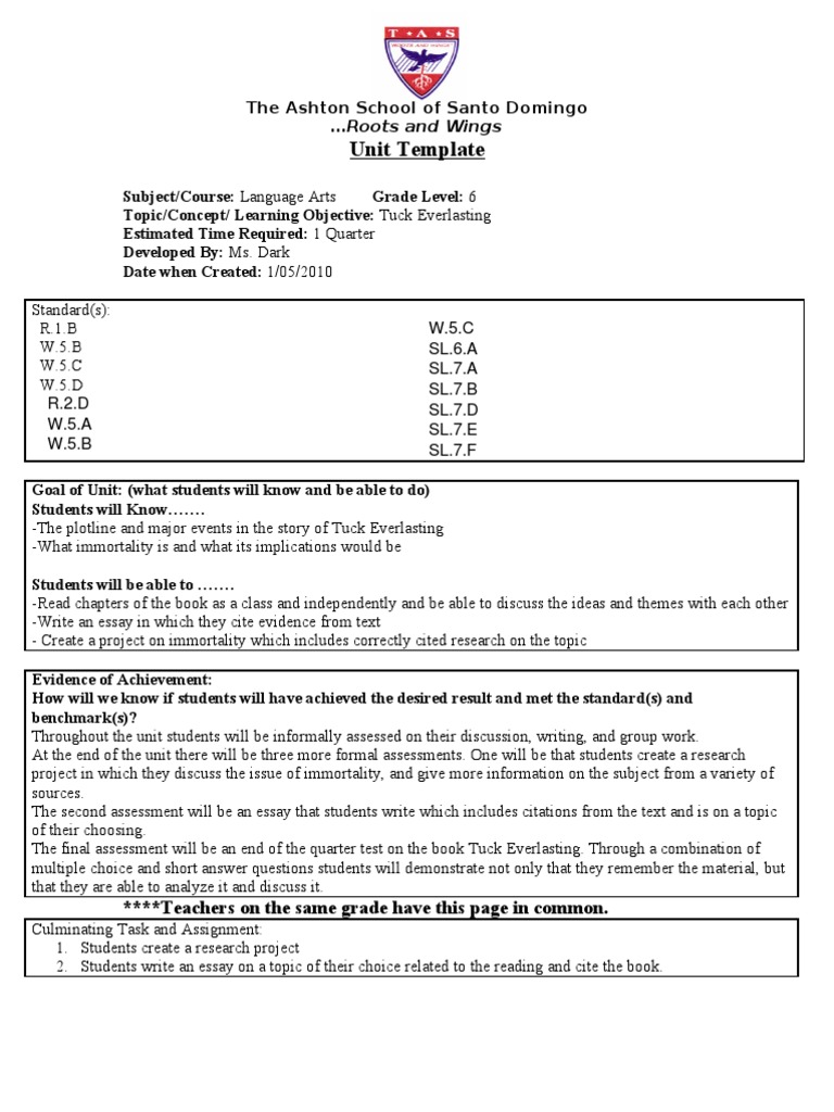 Unit Plan Language Arts Grade 6 Tuck Everlasting Quarter 3 | PDF ...