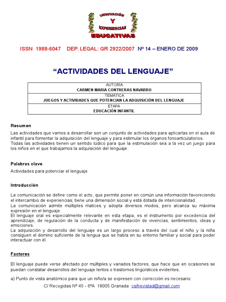 Actividades Del Lenguaje | Descargar gratis PDF | Aquisición de idioma ...