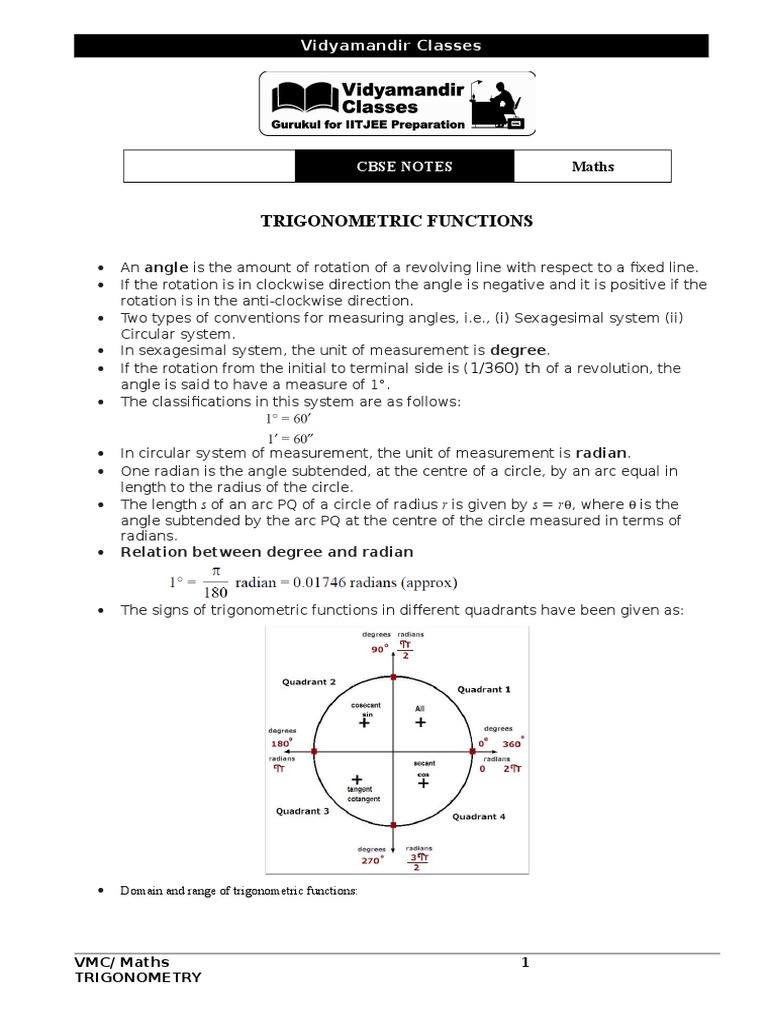 M 11th Class CBSE Trigonometric Functions Important Questions | PDF ...