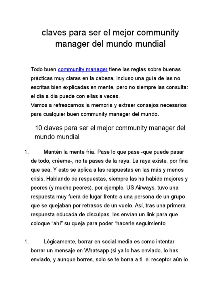 Claves Para Ser El Mejor Community Manager Del Mundo Mundial Pdf