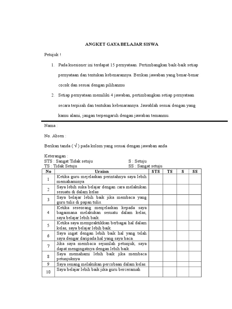 Angket Gaya Belajar Siswa Pdf