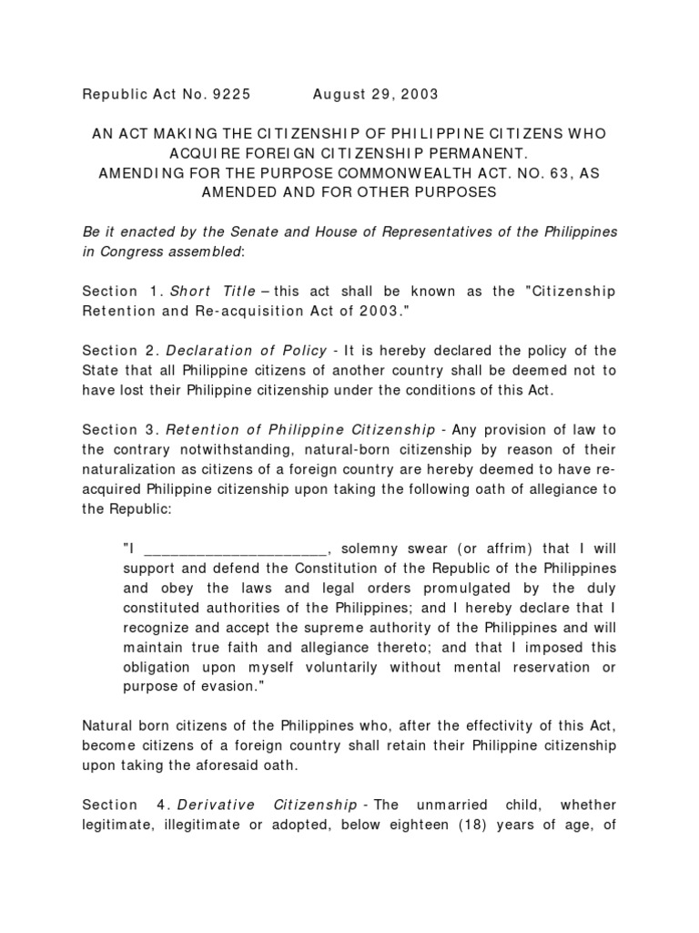 RA 9225-Citizenship Retention and Reacquisition Act of 2003 | PDF | Law