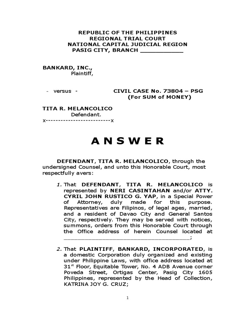 Answer Civil Case - Melancolico | PDF | Credit Card | Lawsuit