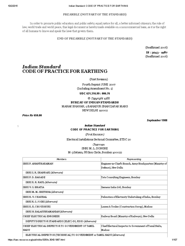 Indian Standard - Code of Practice For Earthing | PDF | Insulator ...