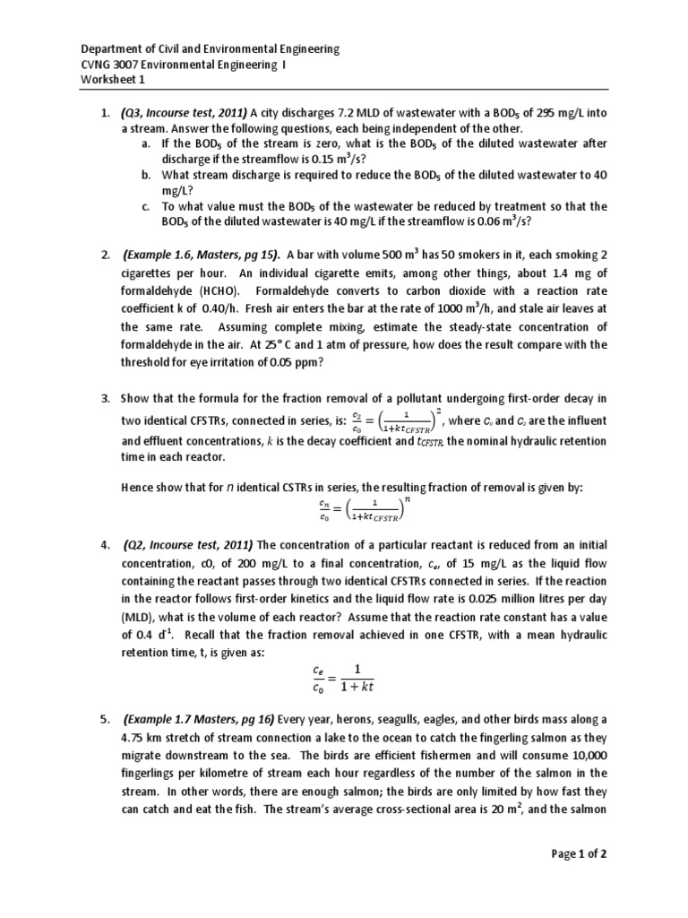 Environmental Engineering Worksheet Pollutant Calculations | PDF ...