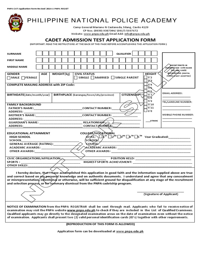PNPACAT Application Form Revised 2014 PDF | PDF | Cadet | Test (Assessment)