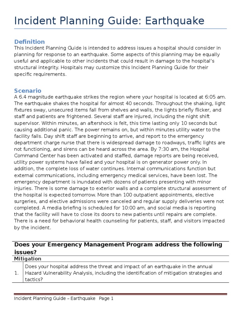 Incident Planning Guide: Earthquake: Does Your Emergency Management ...