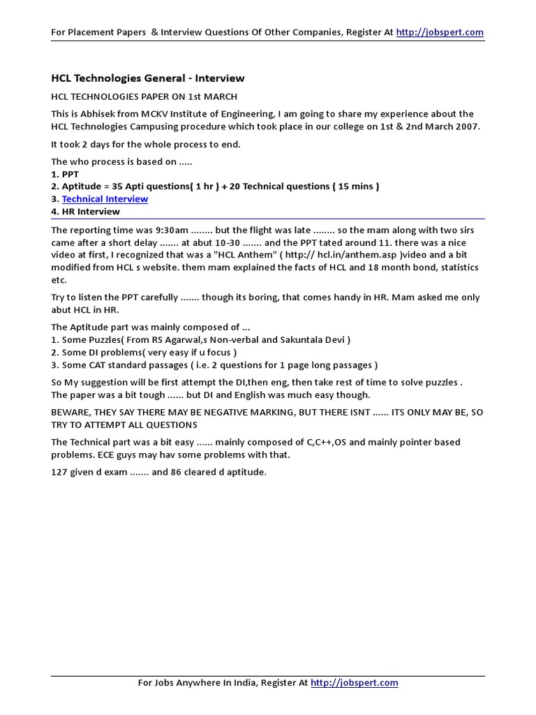 Hcl Interview Process Insights Pdf Career Growth Computers