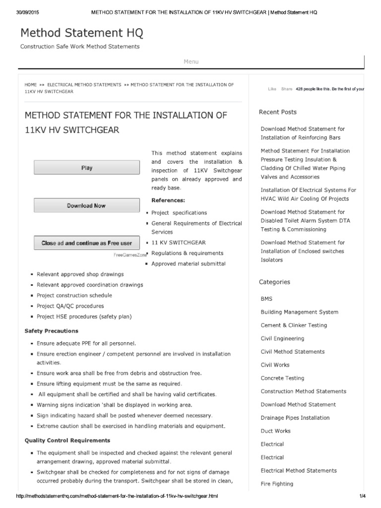 11KV HT Switchgear Installation MS | PDF