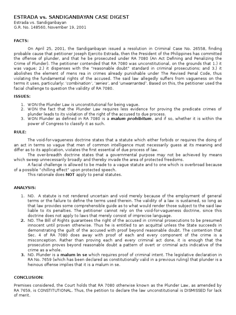 Estrada vs. Sandiganbayan Case Digest | PDF | Reasonable Doubt | Mens Rea