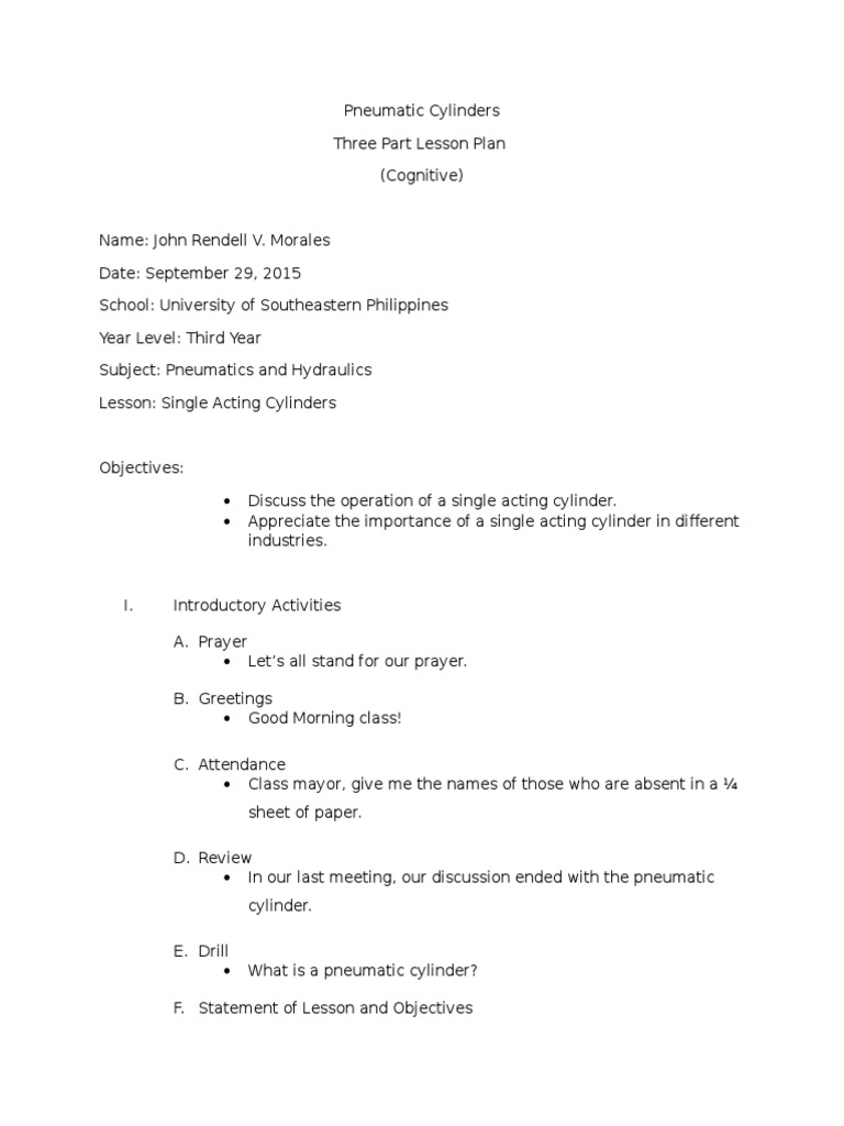 Pneumatic Cylinder Lesson | PDF | Piston | Lesson Plan