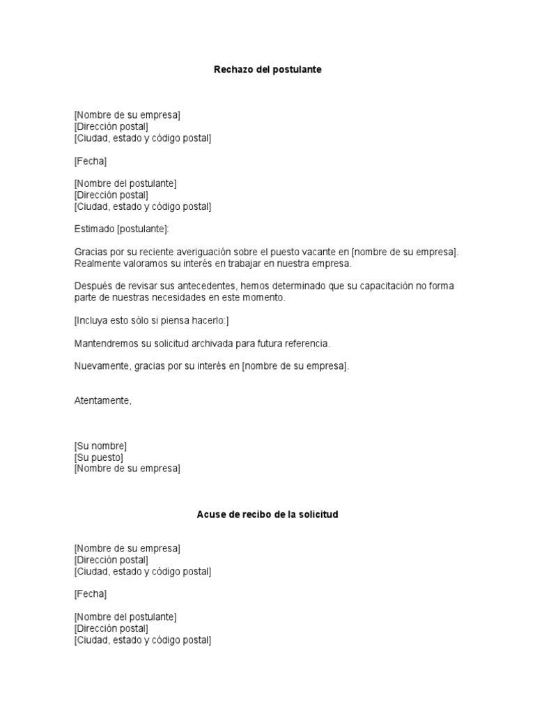 Carta de rechazo de postulante laboral | PDF