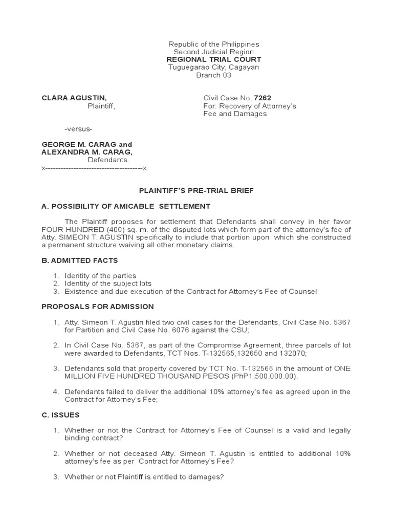 Plaintiff's Pre Trial Brief | PDF | Attorney's Fee | Lawsuit
