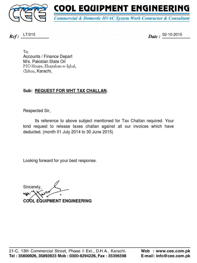 Request for WHT Tax Challan | PDF | Business