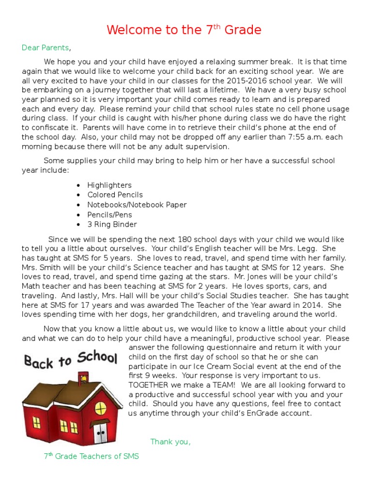 7th Grade Welcome Letter for Parents | PDF | Teaching And Learning ...