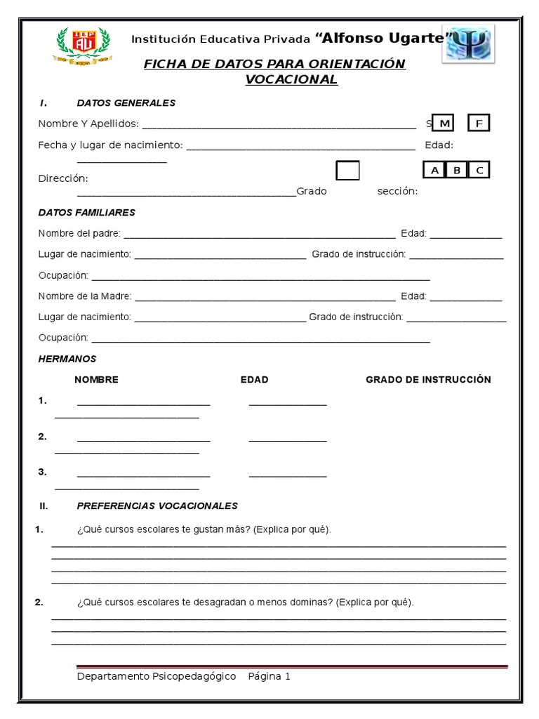 Ficha De Datos Para Orientación Vocacional Pdf