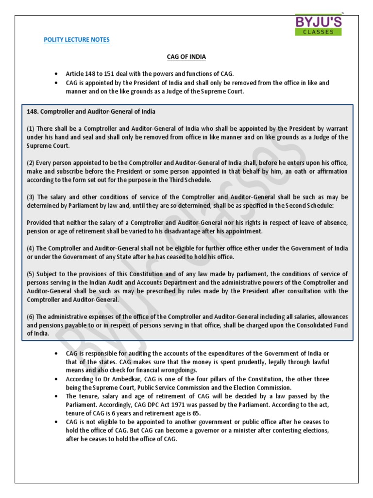 Polity Lecture Notes: Cag of India | PDF | Auditor's Report | Audit