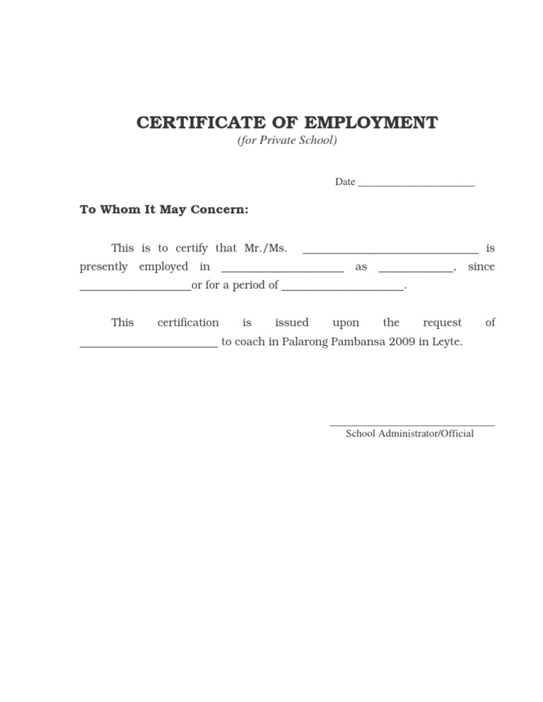 Palaro 2009 Certificate of Employment For Private Schools | PDF