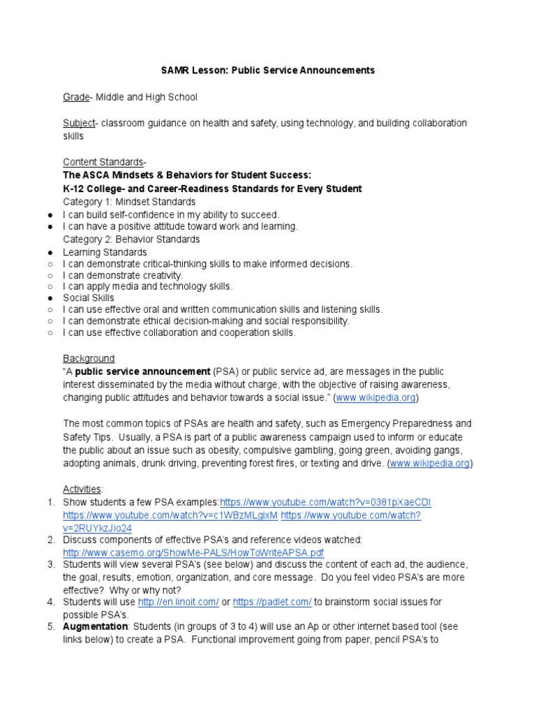 SAMR Lesson: Public Service Announcements | PDF | Communication | Cognition