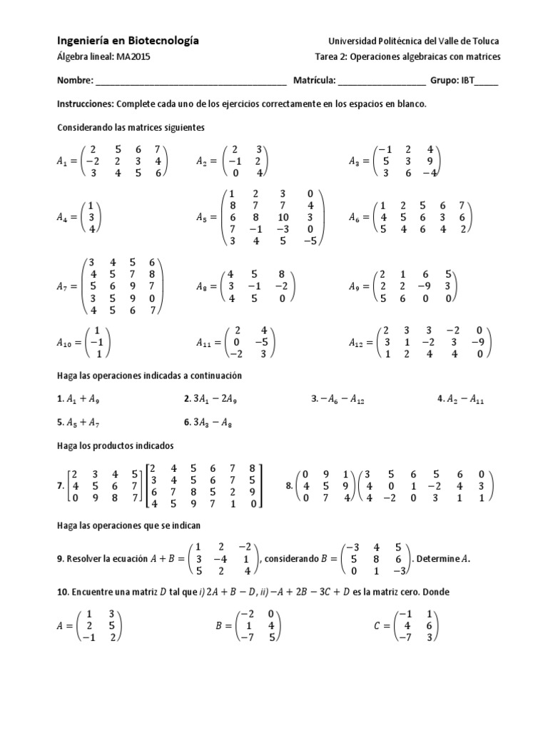 Operaciones Algebraicas Con Matrices | PDF | Matriz (Matemáticas) | Funciones y mapeos