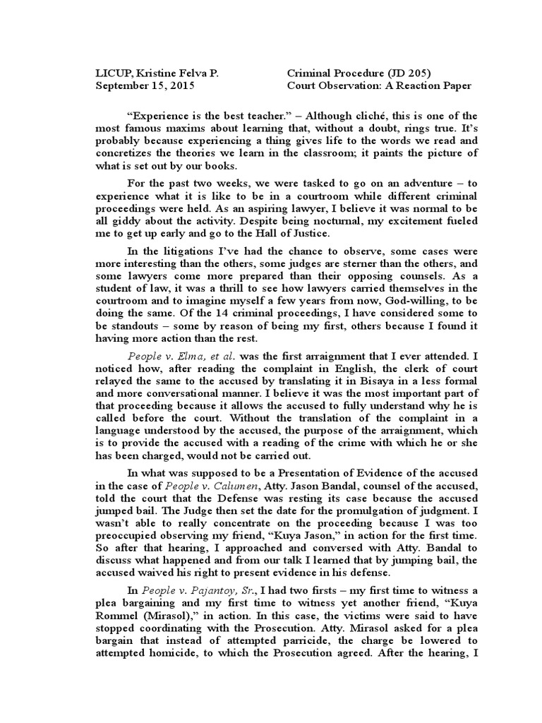 Court Observation - A Reaction Paper | Download Free PDF | Prosecutor ...