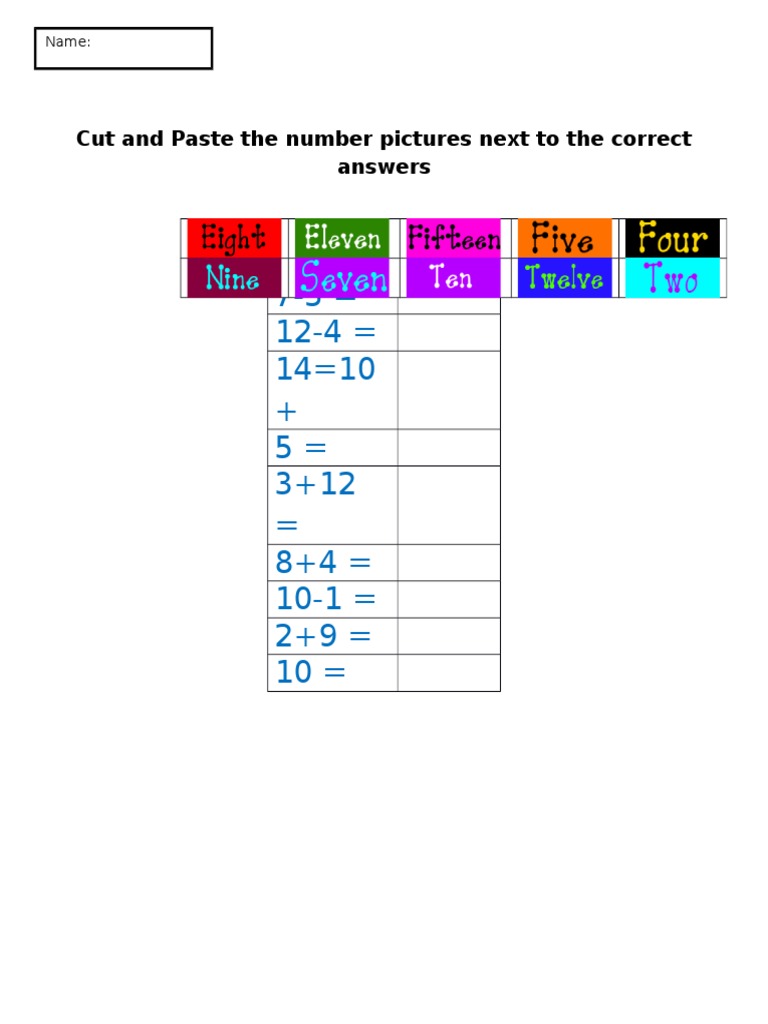 Cut and Paste The Number Pictures Next To The Correct Answers | PDF