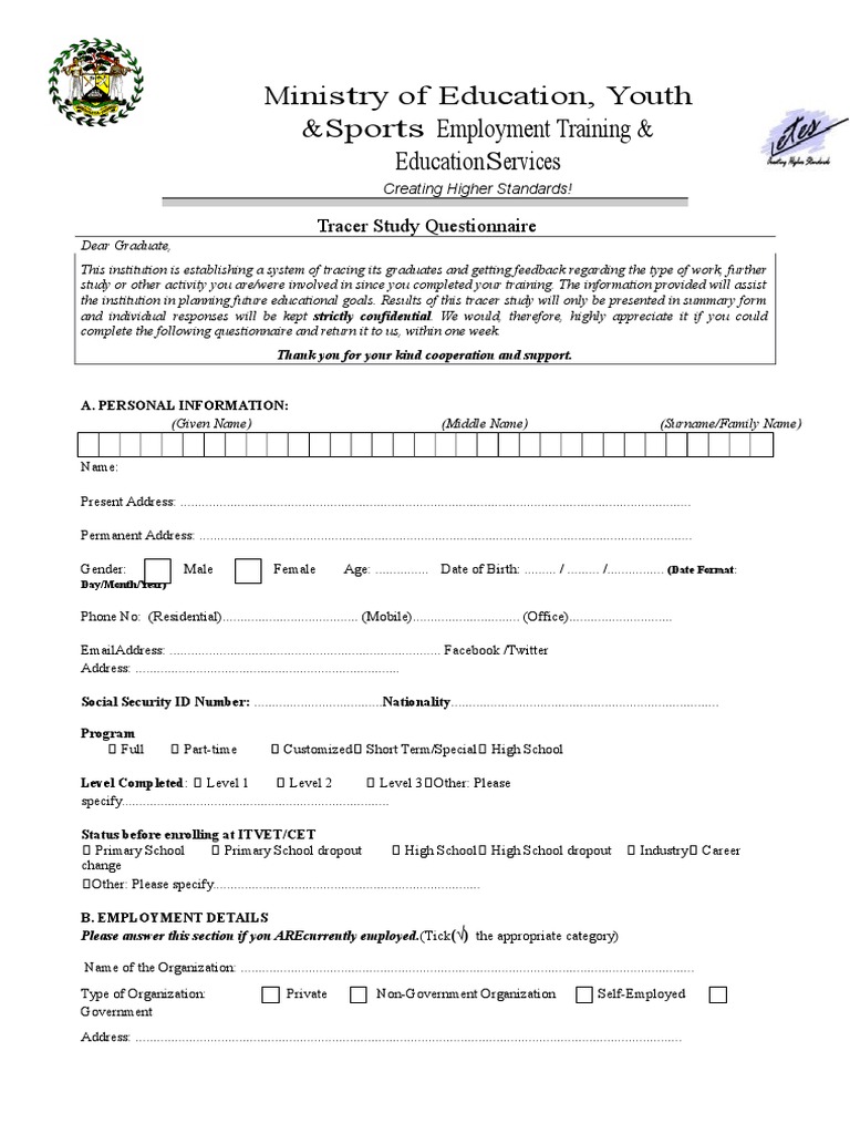 Tracer Study Questionnaire | Self Employment | Employment