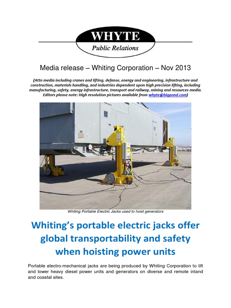 Whiting Portable Electric Jacks Used to Safely Hoist Generators ...