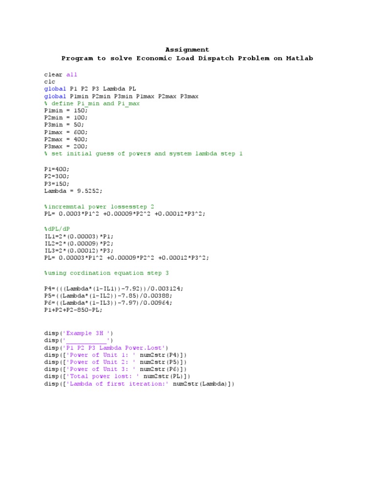 Assignment Program To Solve Economic Load Dispatch Problem On Matlab | PDF