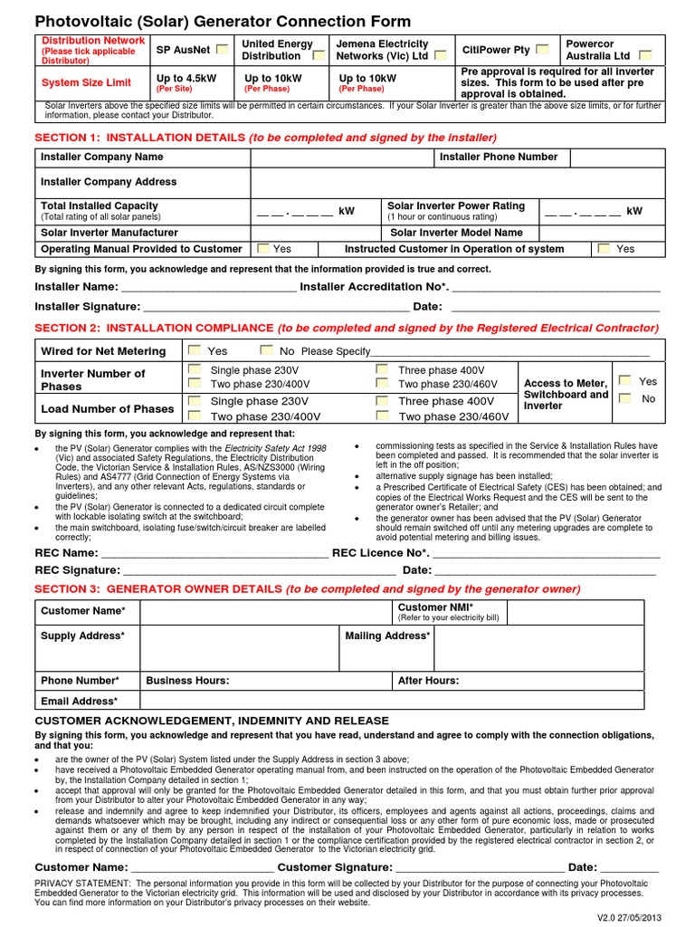 Photovoltaic Solar Generator Connection Form | PDF | Photovoltaic ...