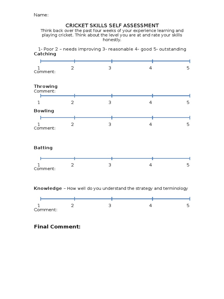 Cricket Skills Self Assessment Form | PDF | Sports & Recreation