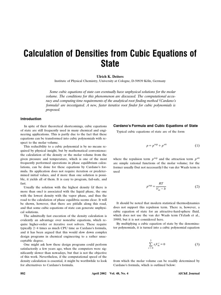 Calculation of Densities From Cubic Equations of | PDF | Equations ...