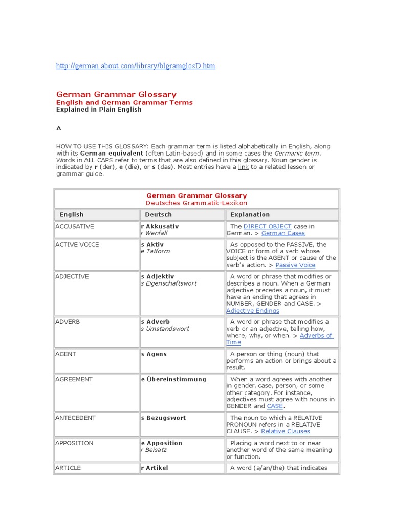 German Grammar Glossary | PDF | Perfect (Grammar) | Grammatical Gender