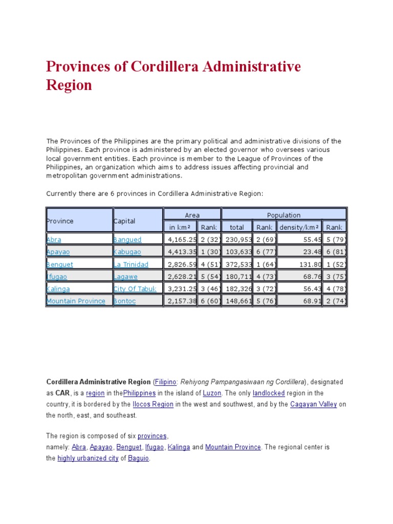 Provinces of the Cordillera Region | PDF
