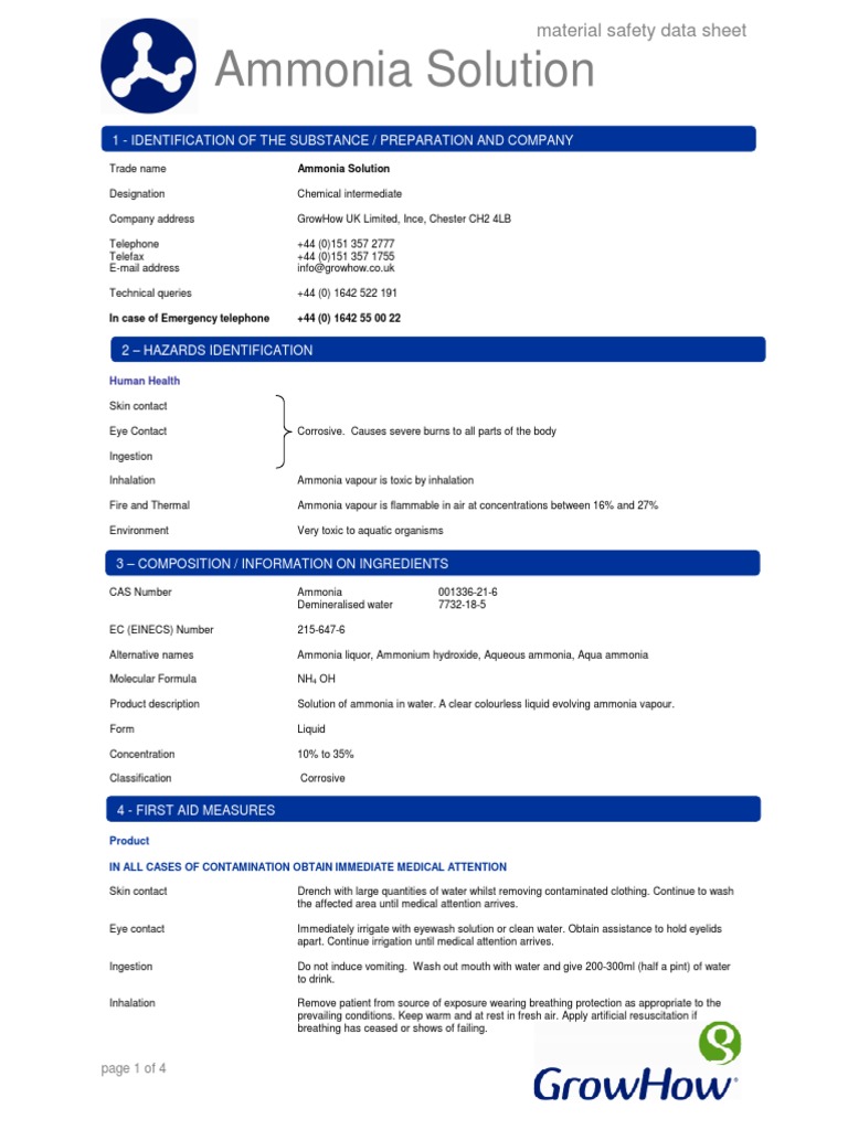 Ammonia Solution Safety Data Sheet | PDF | Dangerous Goods | Ammonia