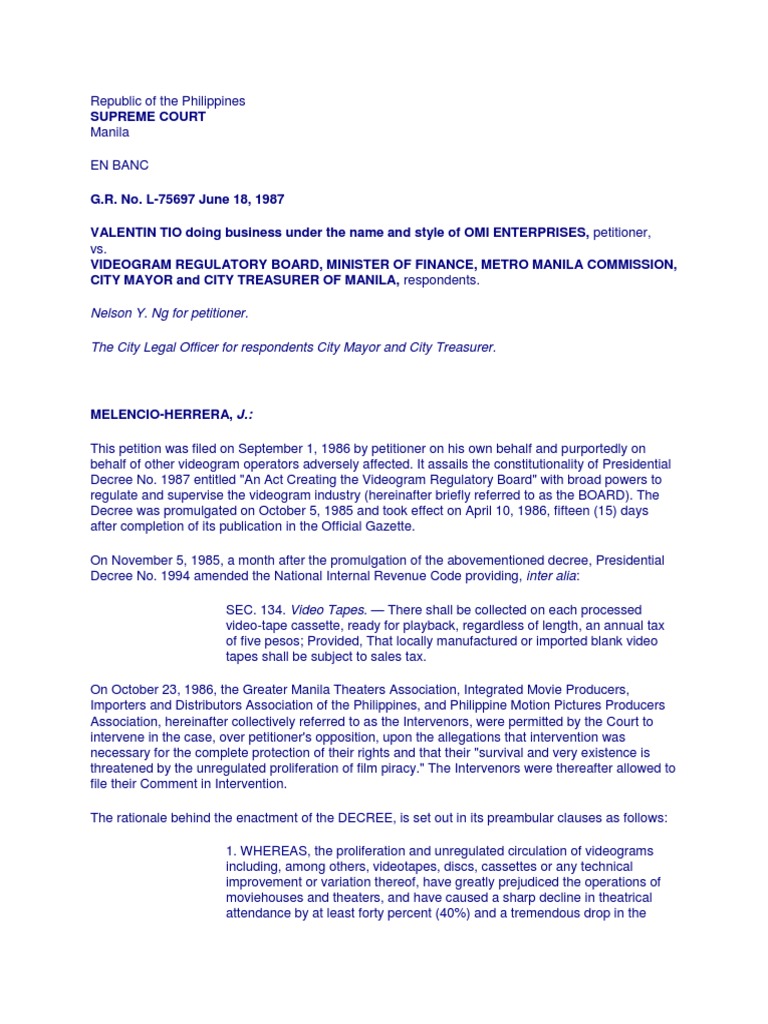 Tio vs. Videogram Regulatory Board, 151 Scra 208 (1987) | PDF | Social ...
