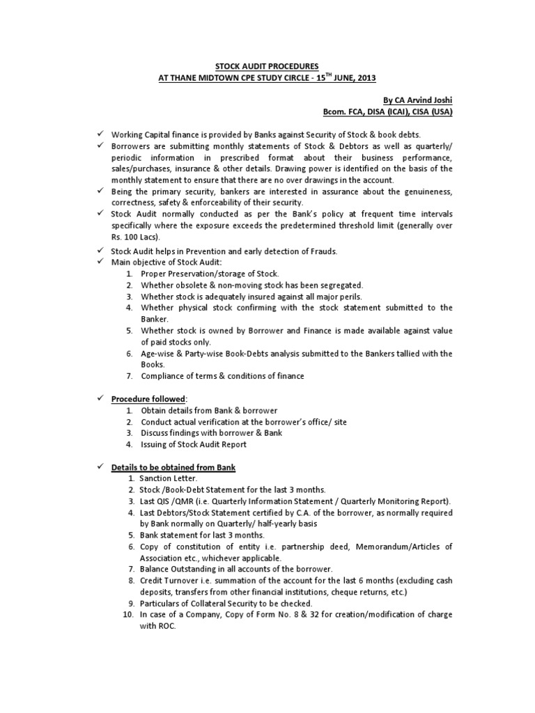 Stock Audit Procedures Overview | PDF | Banks | Financial Audit