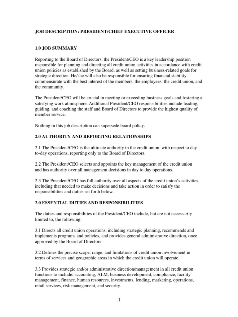 Credit Union CEO Job Description | PDF | Chief Executive Officer ...